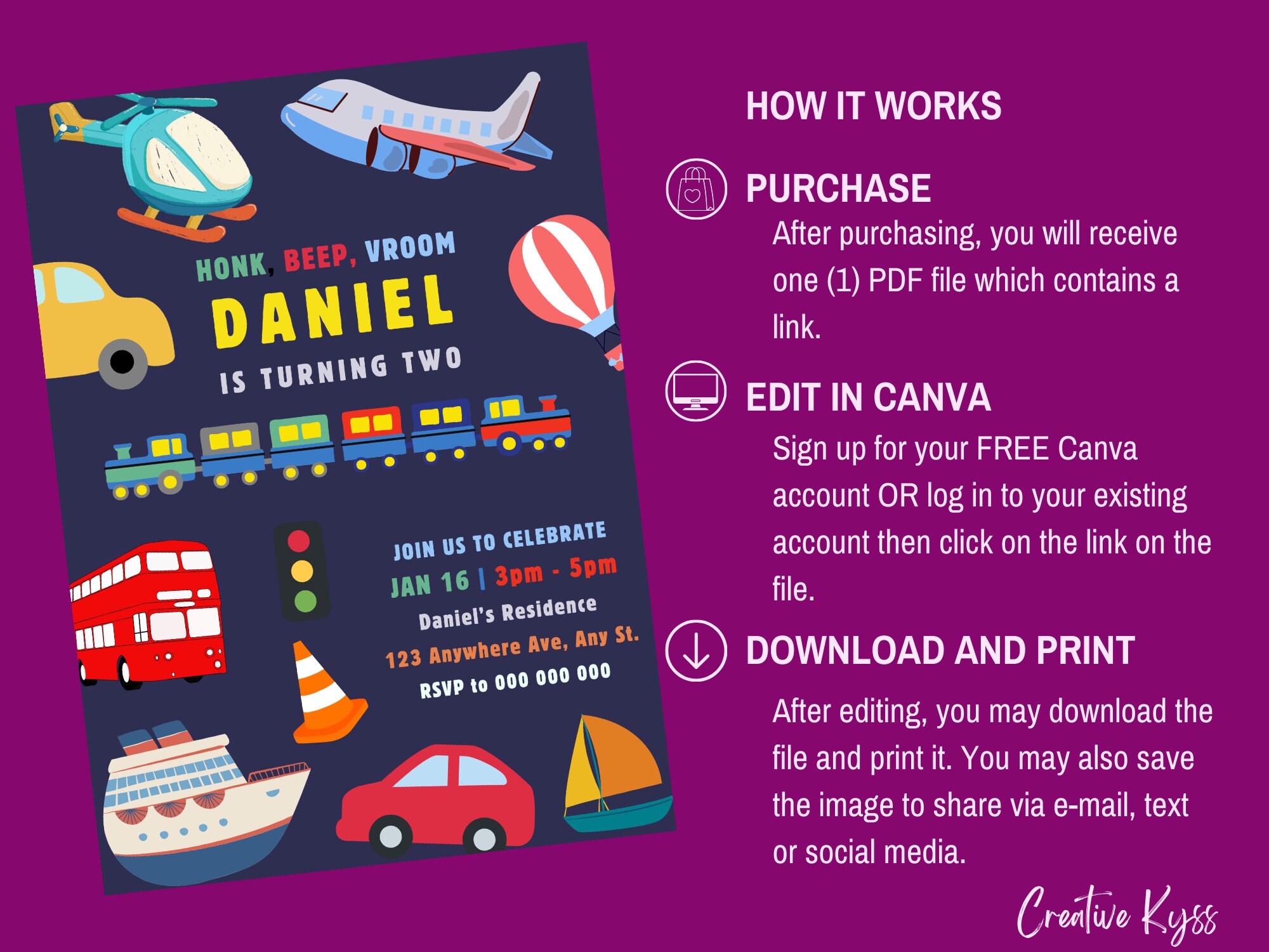 Transportation Birthday Invitation Template With Free Thank You Tag ...