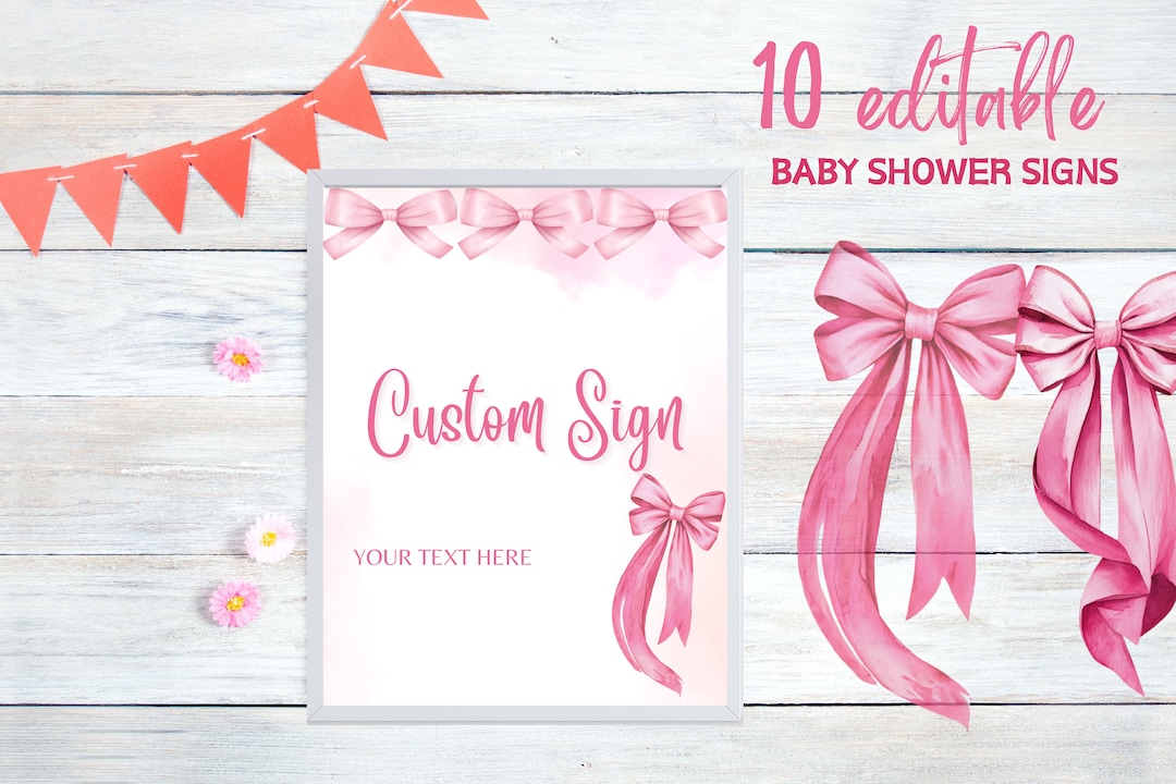 Pink Bow Baby Shower Custom Sign Template, Pink Ribbon Baby Shower ...