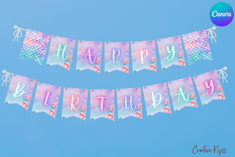 Editable Pastel Mermaid Birthday Banner, Mermaid Theme Birthday Banner ...