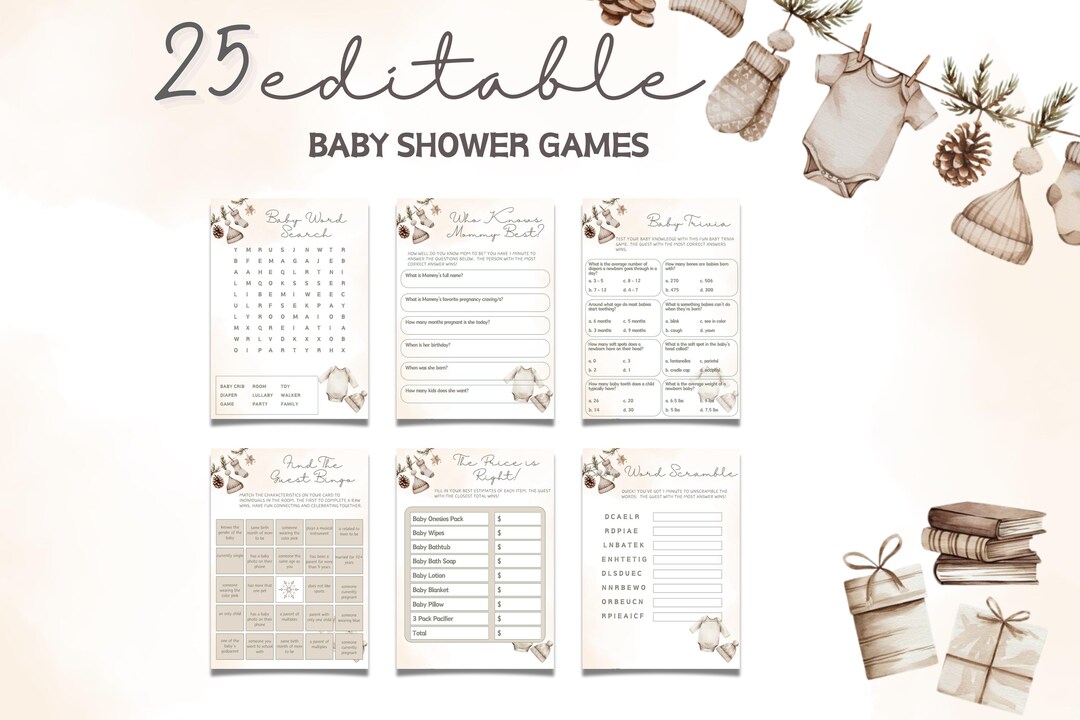 Christmas Baby Shower Game Set Template, Boho Christmas Clothesline ...