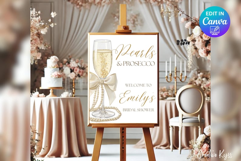 Pearls and Prosecco Bridal Shower Welcome Sign Template, White Pearl ...
