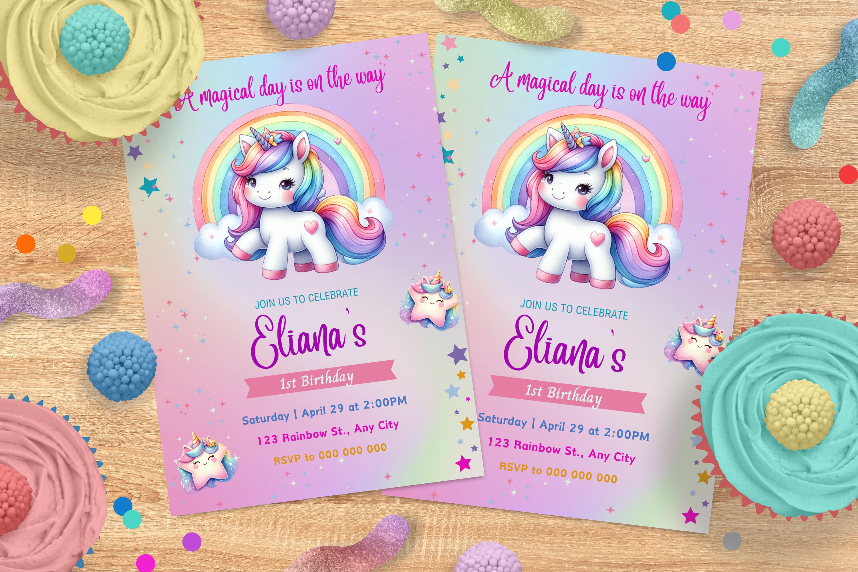 Unicorn Rainbow Birthday Invitation Template | Editable Unicorn Rainbow ...