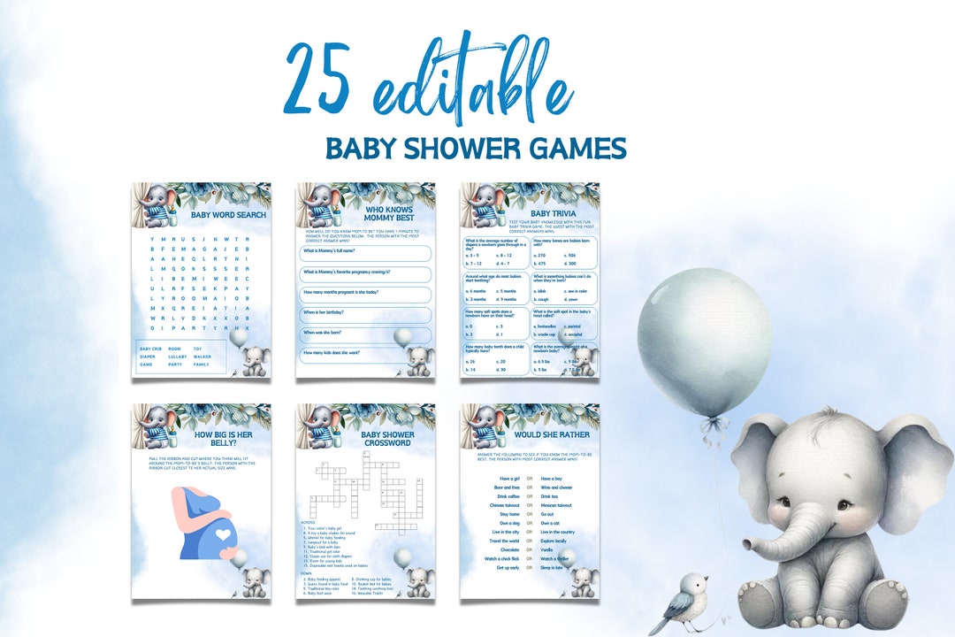 Editable Elephant Baby Shower Games Template, Baby Boy Elephant Games ...