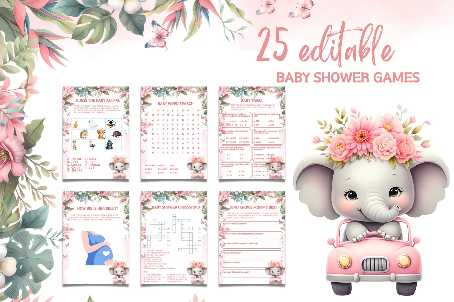 Editable Elephant Baby Shower Games Template, Baby Girl Elephant Games ...