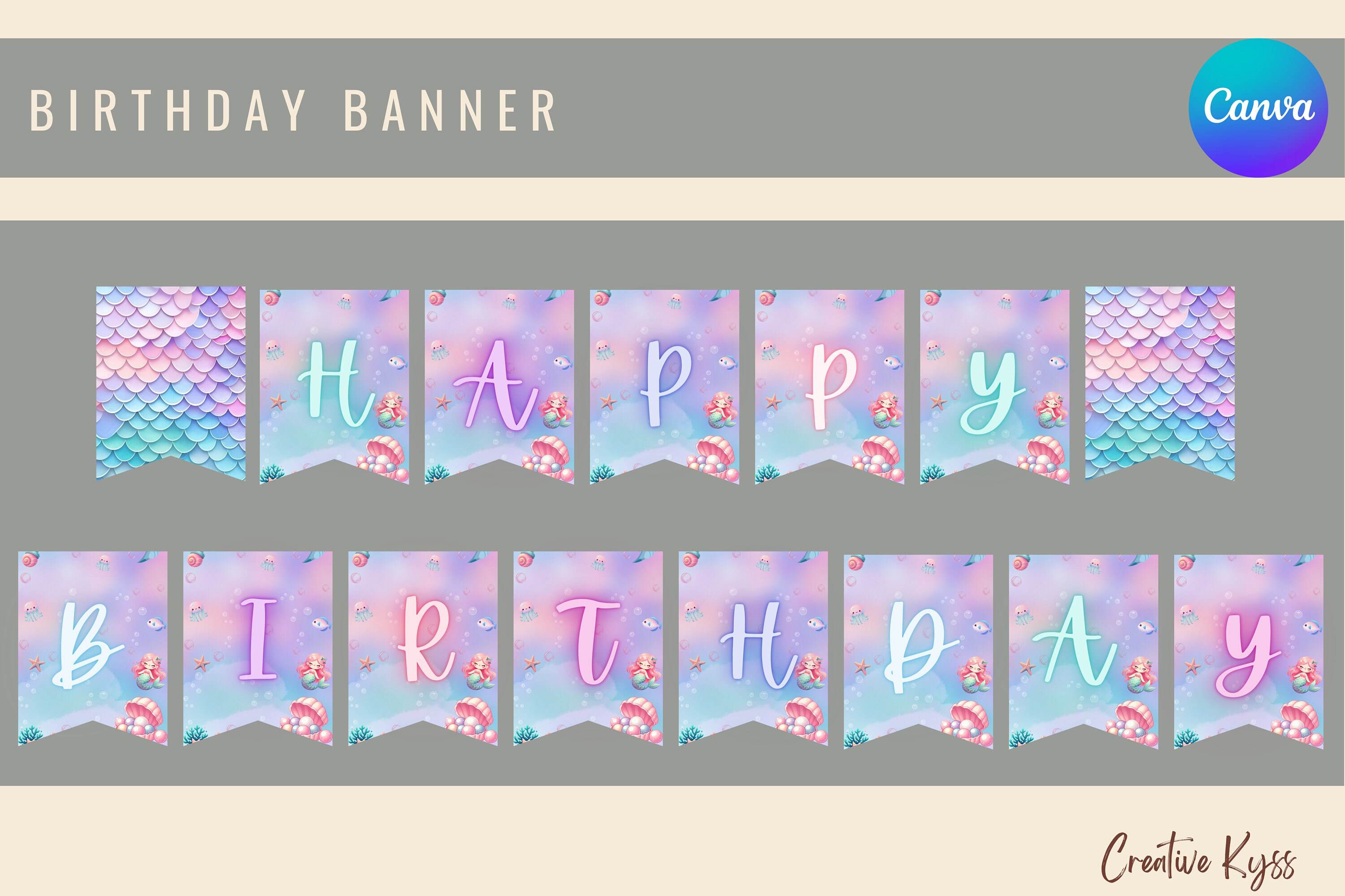 Editable Pastel Mermaid Birthday Banner, Mermaid Theme Birthday Banner ...