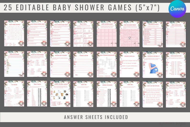 Editable Elephant Baby Shower Games Template, Baby Girl Elephant Games ...