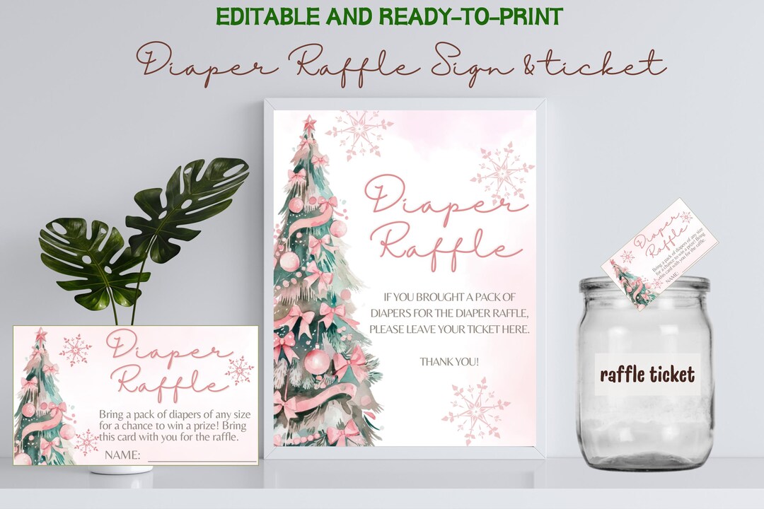 Christmas Tree Baby Shower Diaper Raffle Game, Pink Bow Christmas Baby ...