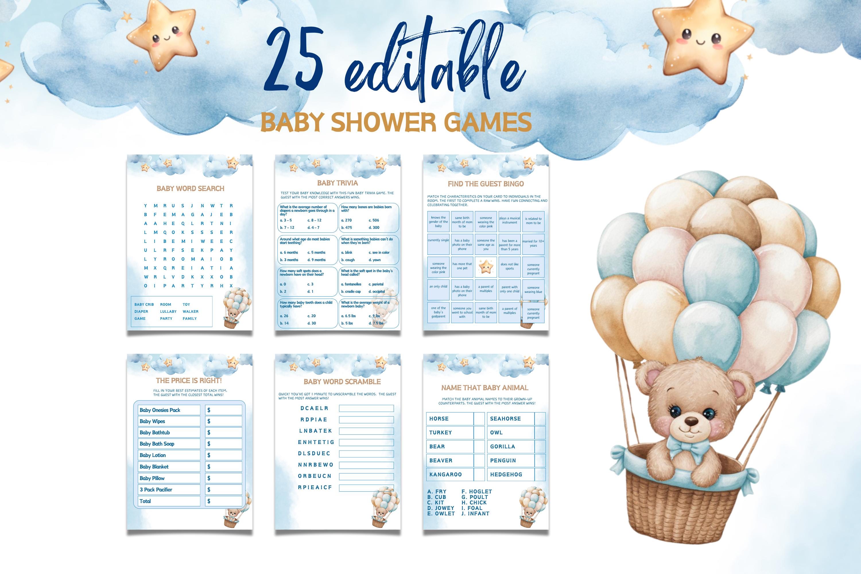 Editable Blue Bear Baby Shower Games Bundle, Blue Bear Boy Baby Shower ...