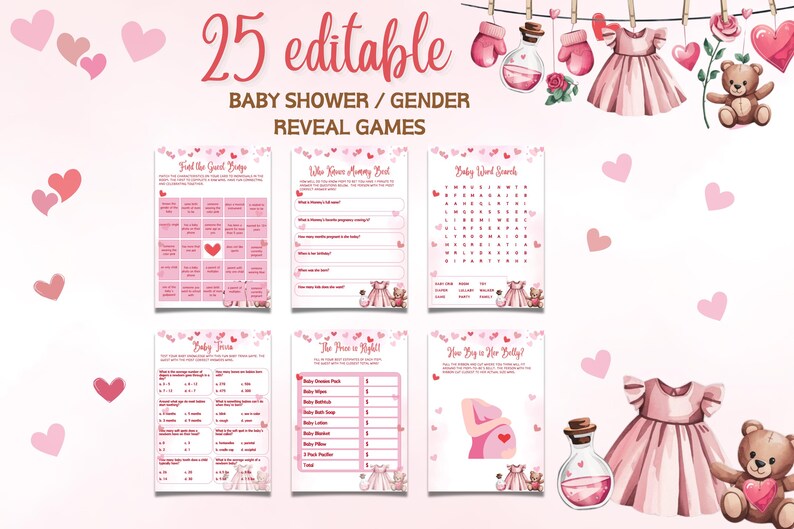 Valentines Baby Shower Games Template Set, Hearts Baby Shower Games ...
