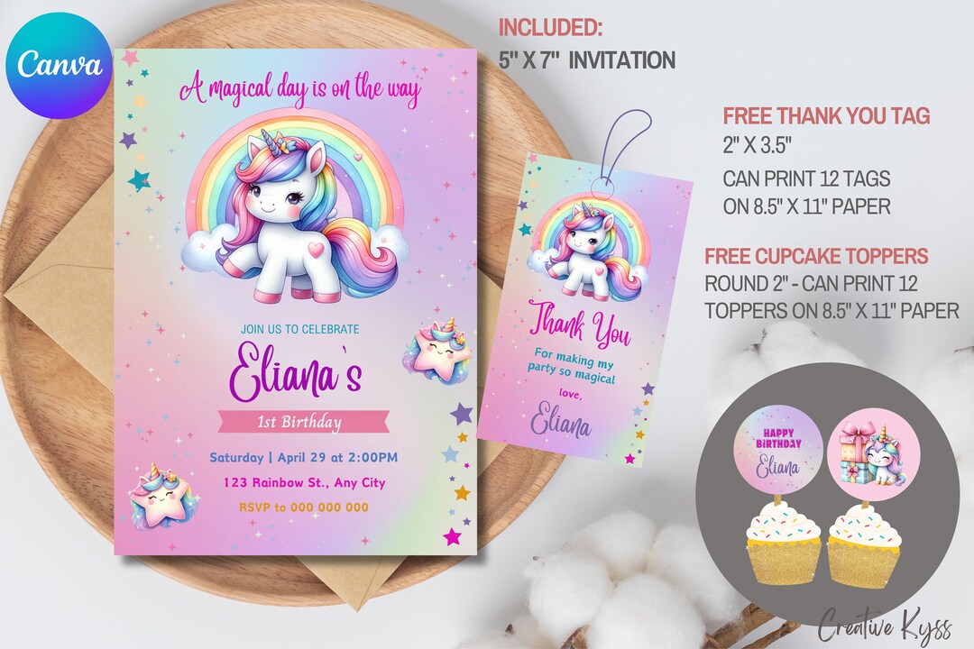Unicorn Rainbow Birthday Invitation Template | Editable Unicorn Rainbow ...