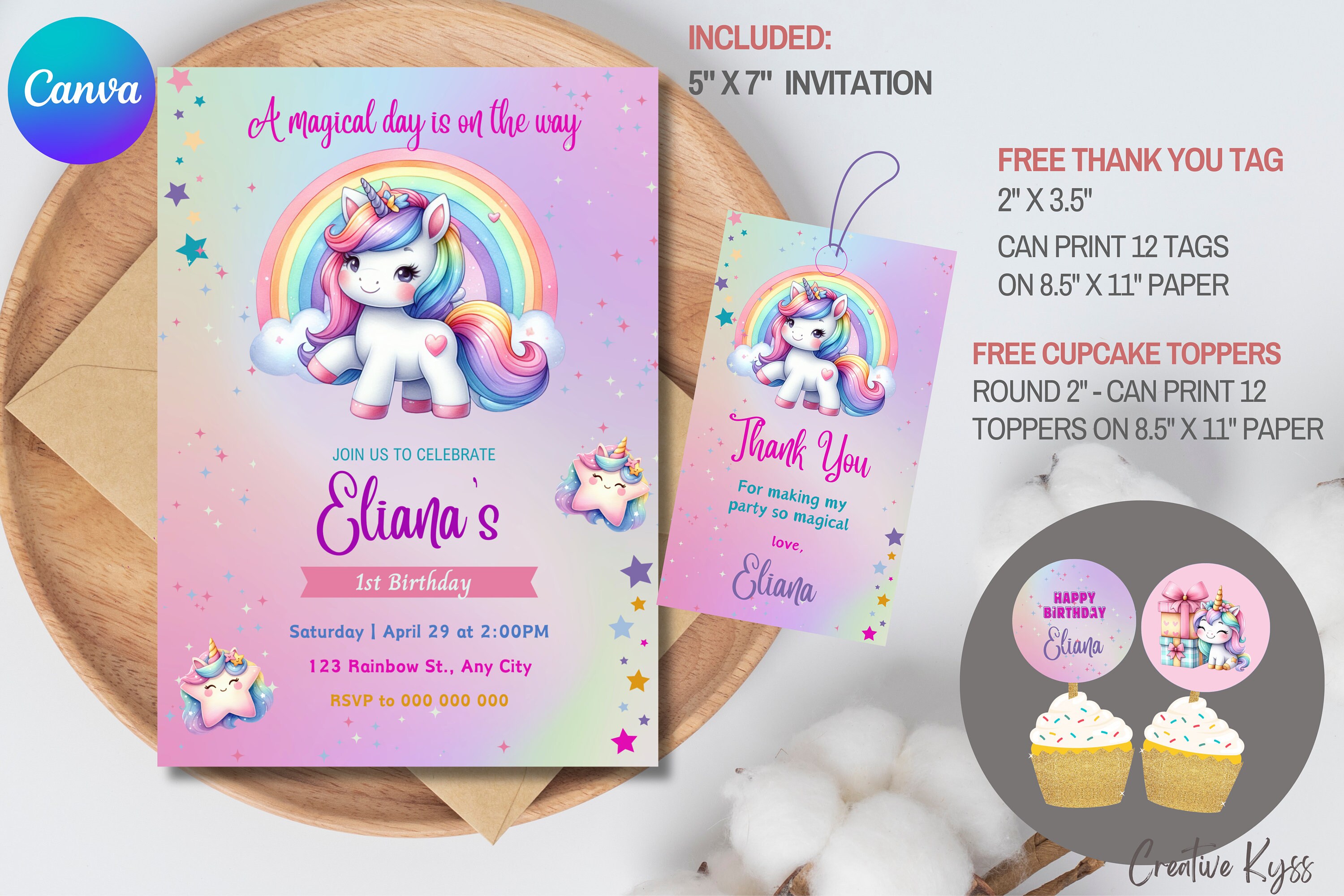 Unicorn Rainbow Birthday Invitation Template | Editable Unicorn Rainbow ...