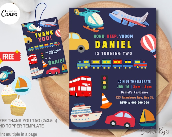 Editable Transportation Birthday Invitation | Kids Vehicle Party Invite ...
