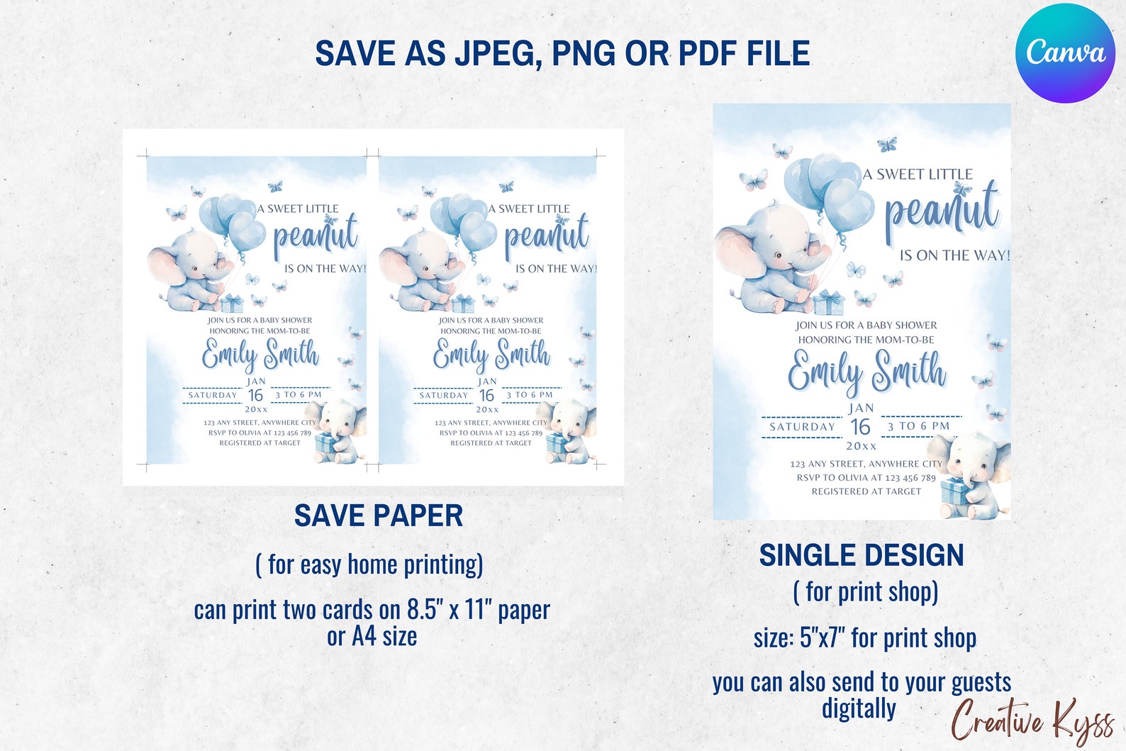 Editable Elephant Baby Shower Invitation, Baby Boy Elephant Invitation Template, Safari Animal ...