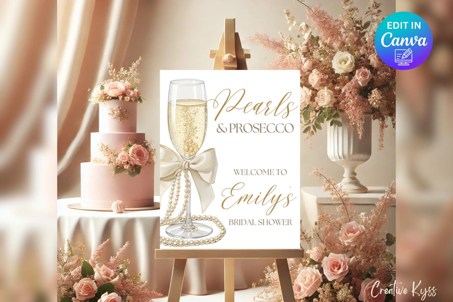 Pearls and Prosecco Bridal Shower Welcome Sign Template, White Pearl ...