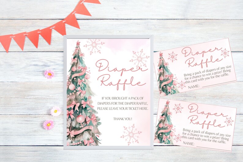 Christmas Tree Baby Shower Diaper Raffle Game, Pink Bow Christmas Baby ...