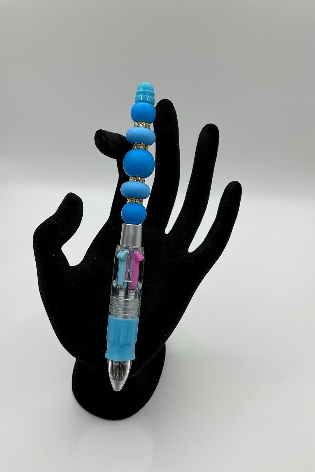 Beaded 4 Multi-ink (green/blue/red/black) Pen With Blue Round and Oval ...
