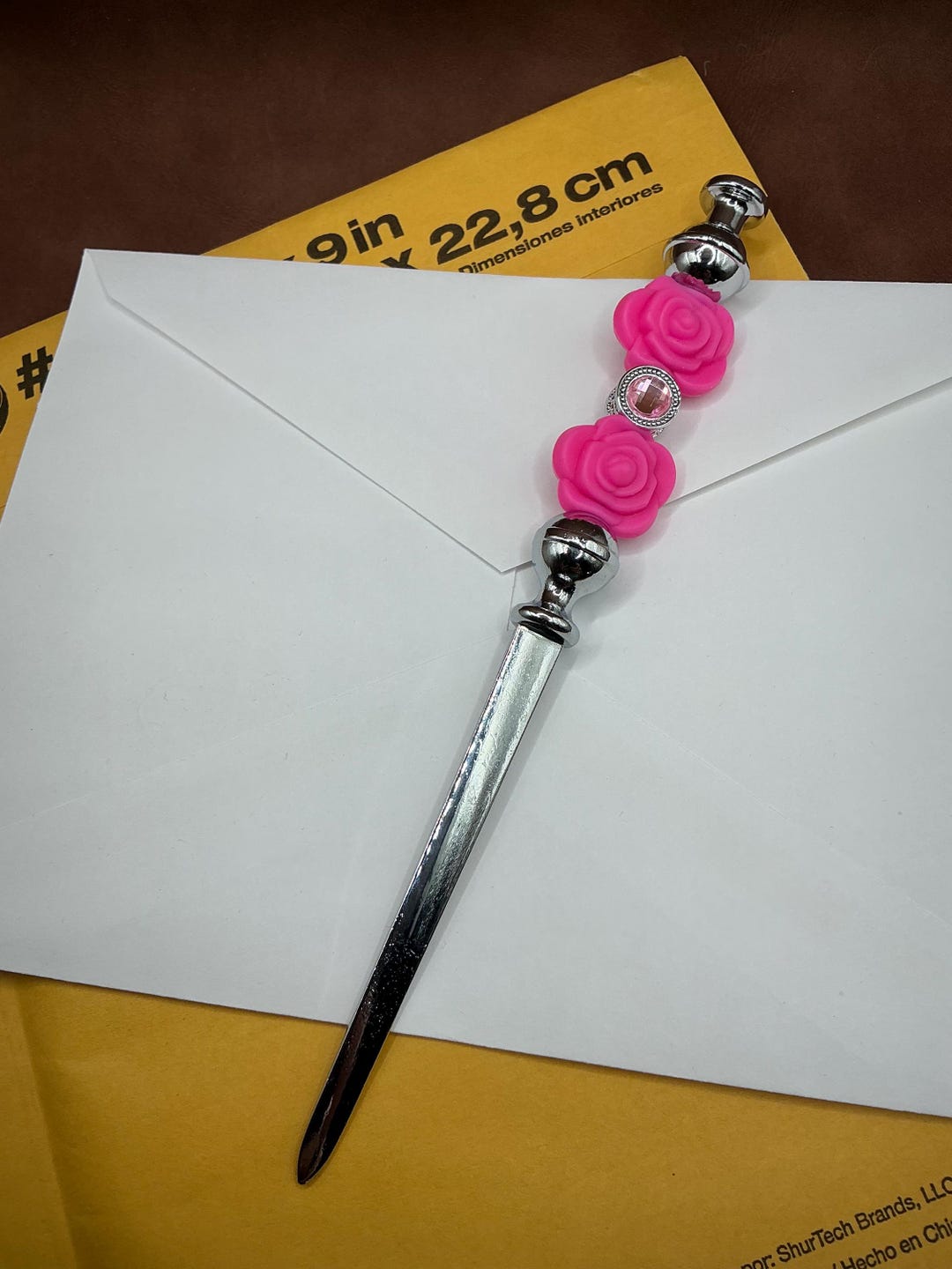 Silver Knife Letter Opener With Pink Rosettes Silicone Beads + Pink Gem ...