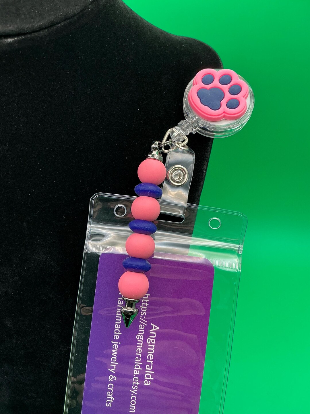 Pink With Navy Dog Paw Print Lanyard With Clear ID Sleeve. Round Pink ...