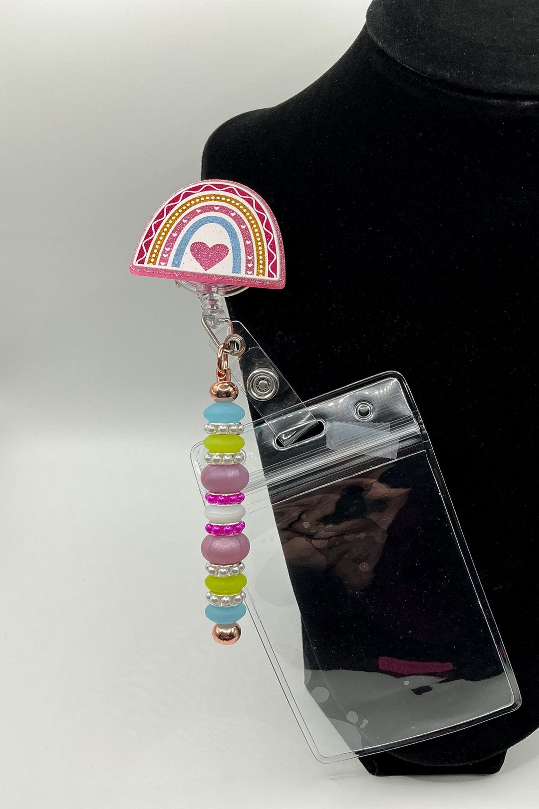 Pink Rainbow With Heart and Retractable Lanyard With Clear ID Sleeve ...