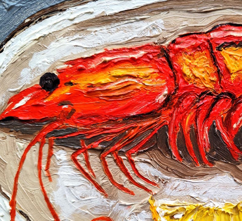 Hand-painted Shrimp Oil Painting With Lemon Shrimp Orijinal Art Seafood ...