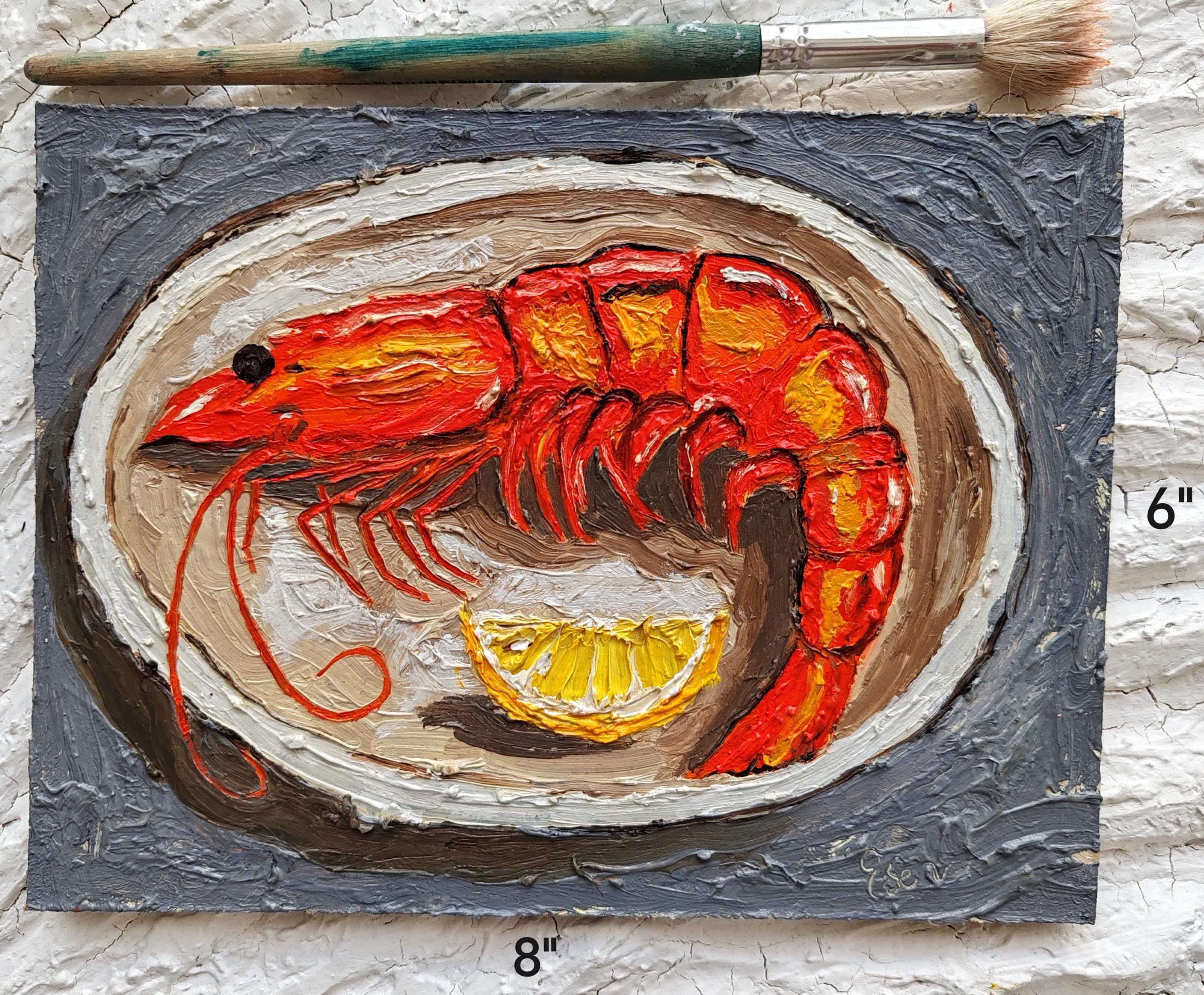 Hand-painted Shrimp Oil Painting With Lemon Shrimp Orijinal Art Seafood ...