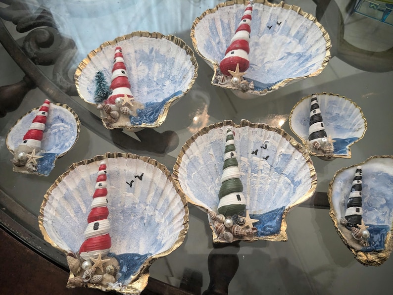 Hand-painted ALL Natural Shells Lighthouse Ornament: Starfish & Pearl ...