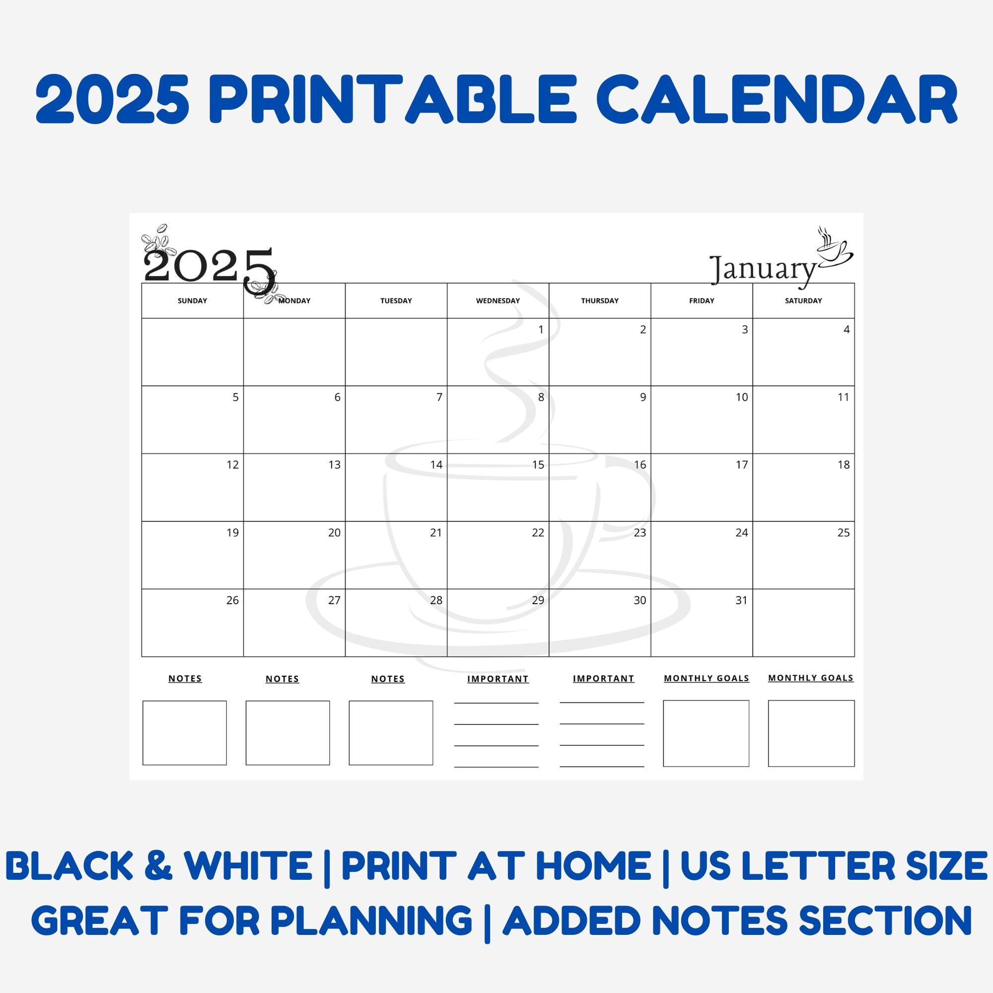 2025 Printable Calendar Planner. Coffee Theme, Black and White. Perfect ...