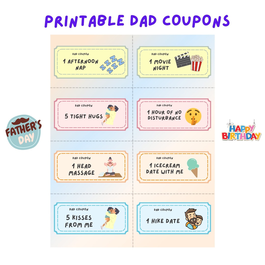 Printable Coupon Book for Dad, Printable Father's Day Coupons, Fathers ...