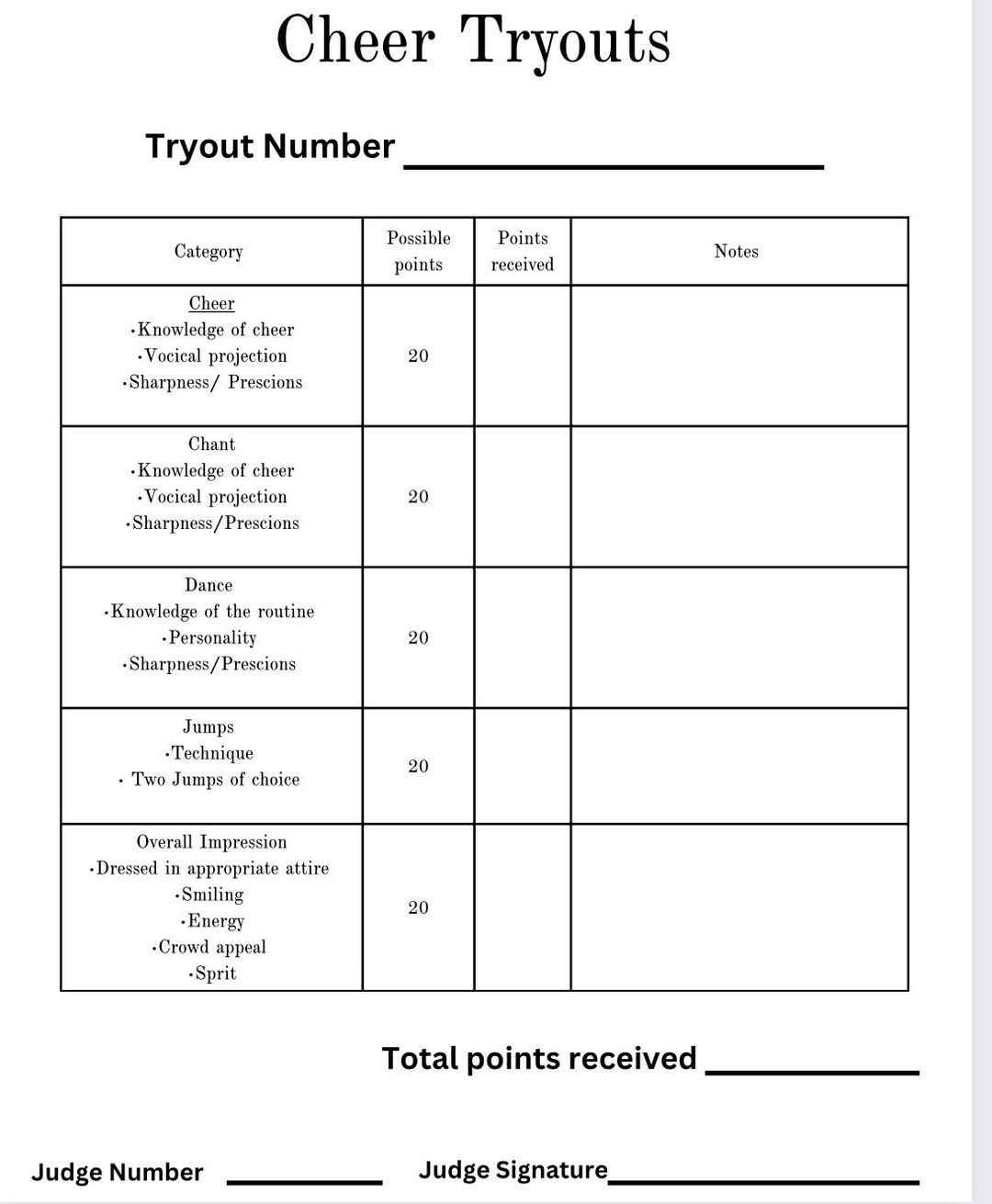 Cheer Tryout Editable Scoresheet - Etsy