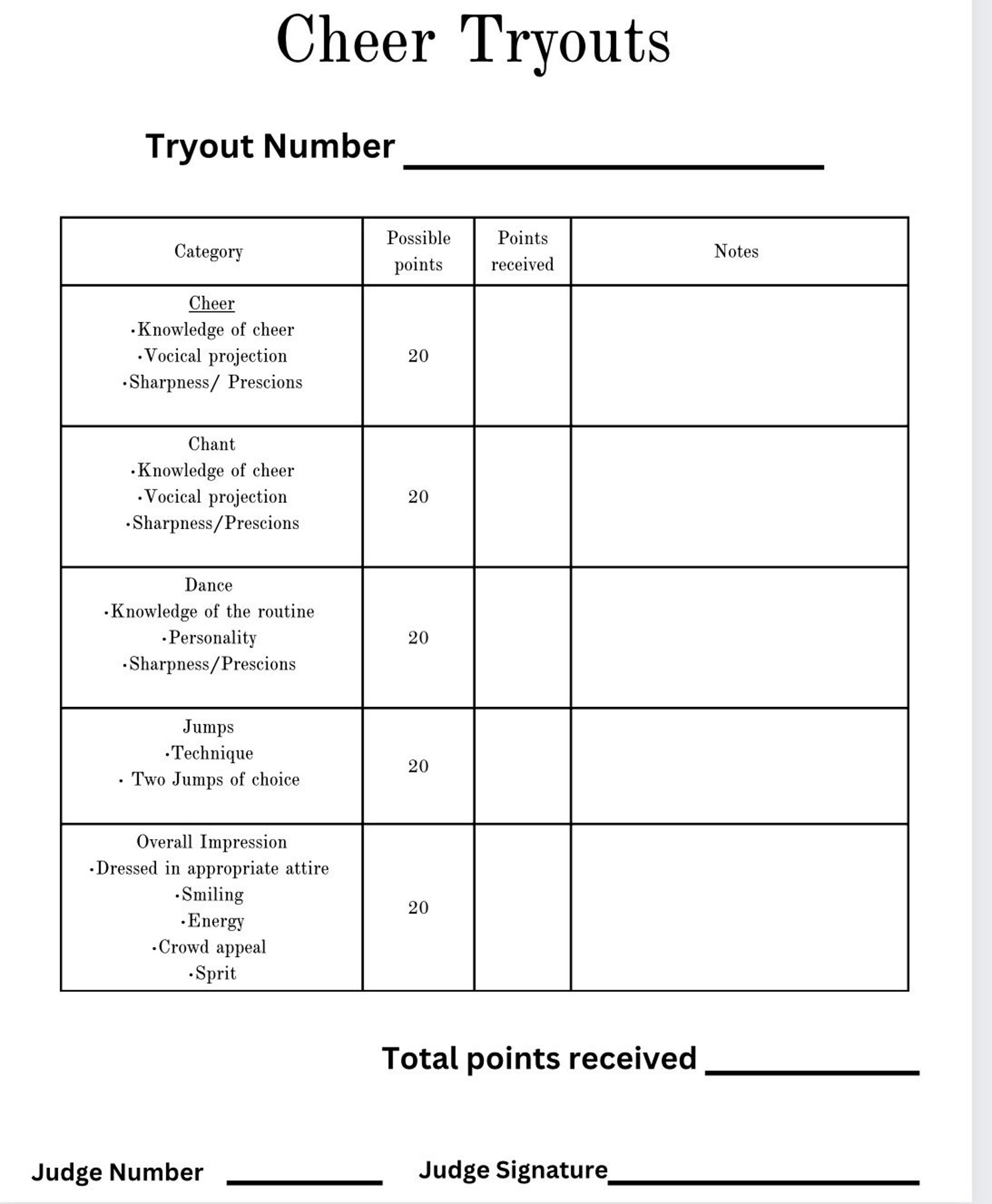 Cheer Tryout Editable Scoresheet - Etsy