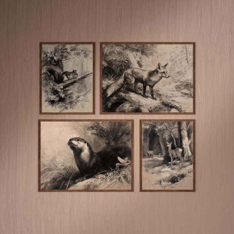 Vintage Forest Animal Drawings Set of 4 Gallery Wall Decor, Nature ...