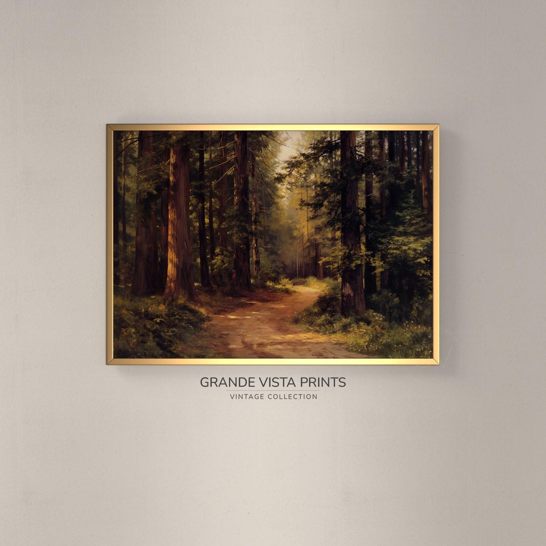 Printable Redwood Forest Trees Landscape Painting | Forest Landscape ...