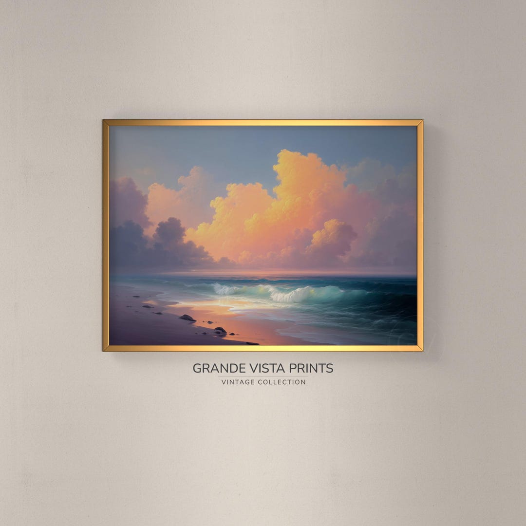 Colorful Beach Landscape Painting Digital Wall Art, Colorful Coastal ...