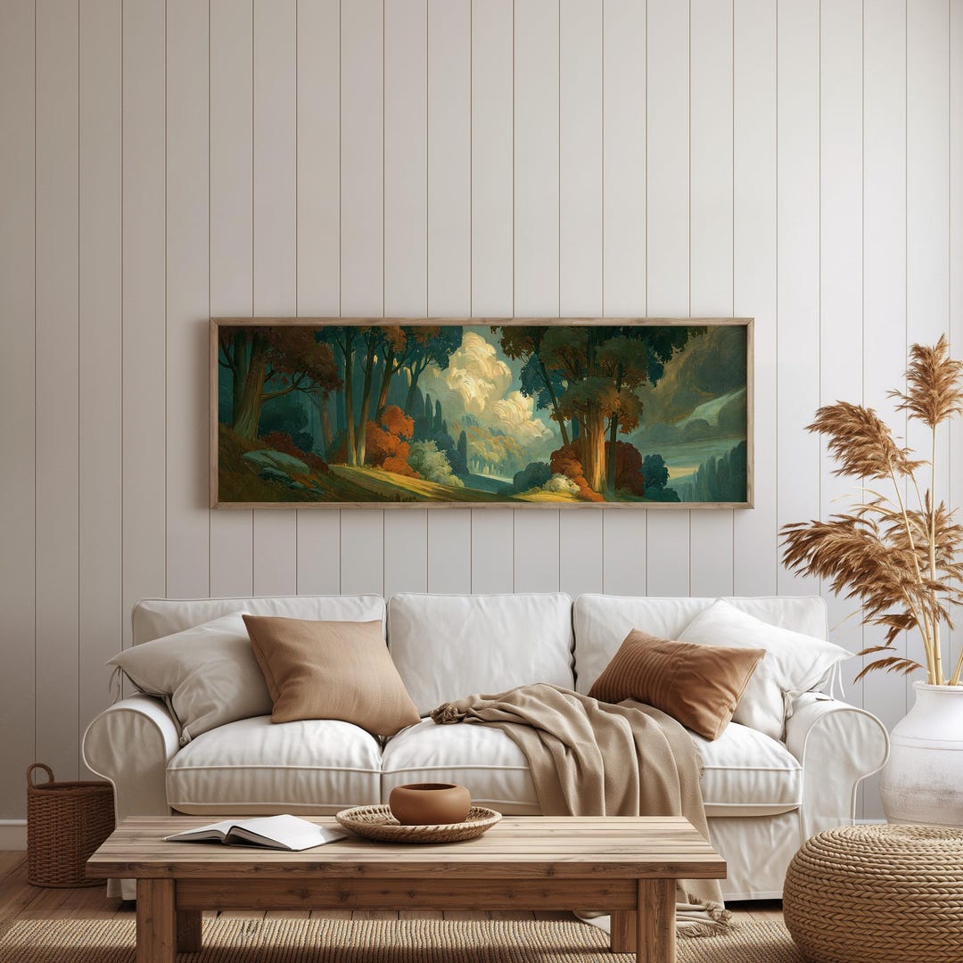 Arte de parede imprimível com panorama de pintura de floresta boho ...