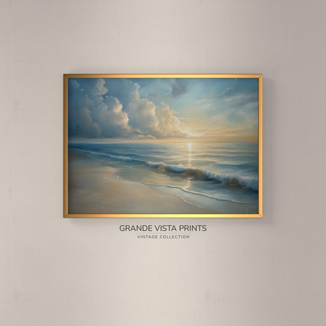 Beach Sunset Printable Landscape Painting, Beach Waves Digital Wall Art ...