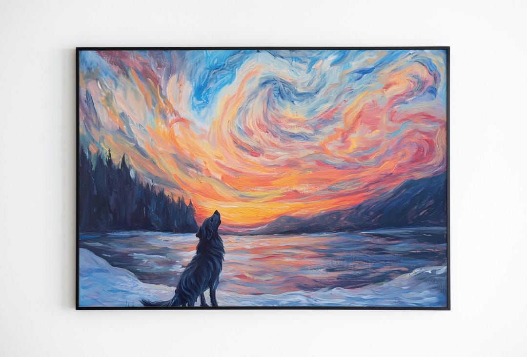 Dog Howls Under Surreal Winter Sky | Vintage Dog Painting | Rustic ...