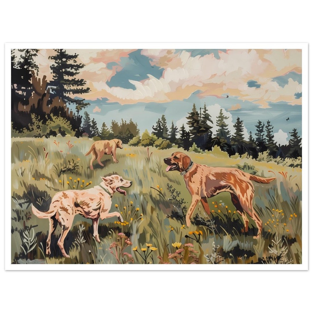 Printed and Shipped | Spring Field With Dogs Playing | Vintage Dog ...