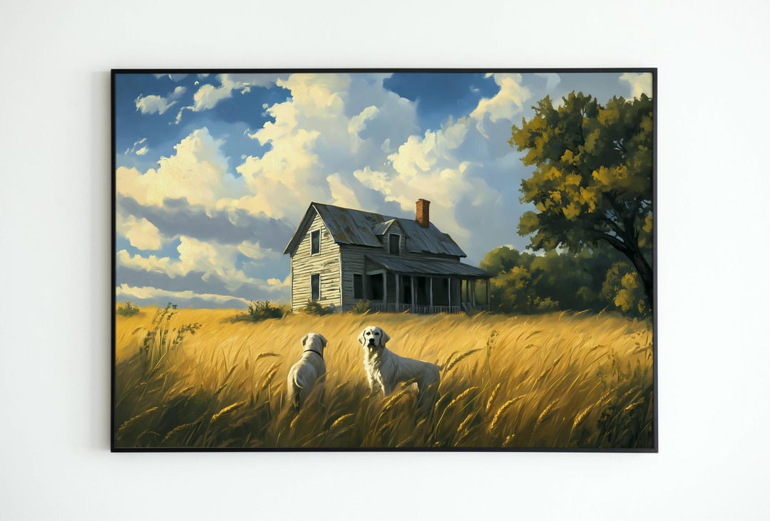 Overgrown Wheat Field With Wandering Dog Pair | Vintage Dog Painting ...