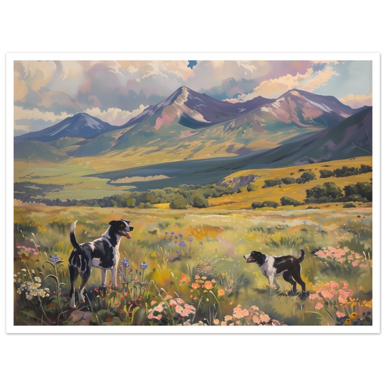 Printed and Shipped | Happy Dogs in Spring Field | Vintage Dog Painting ...