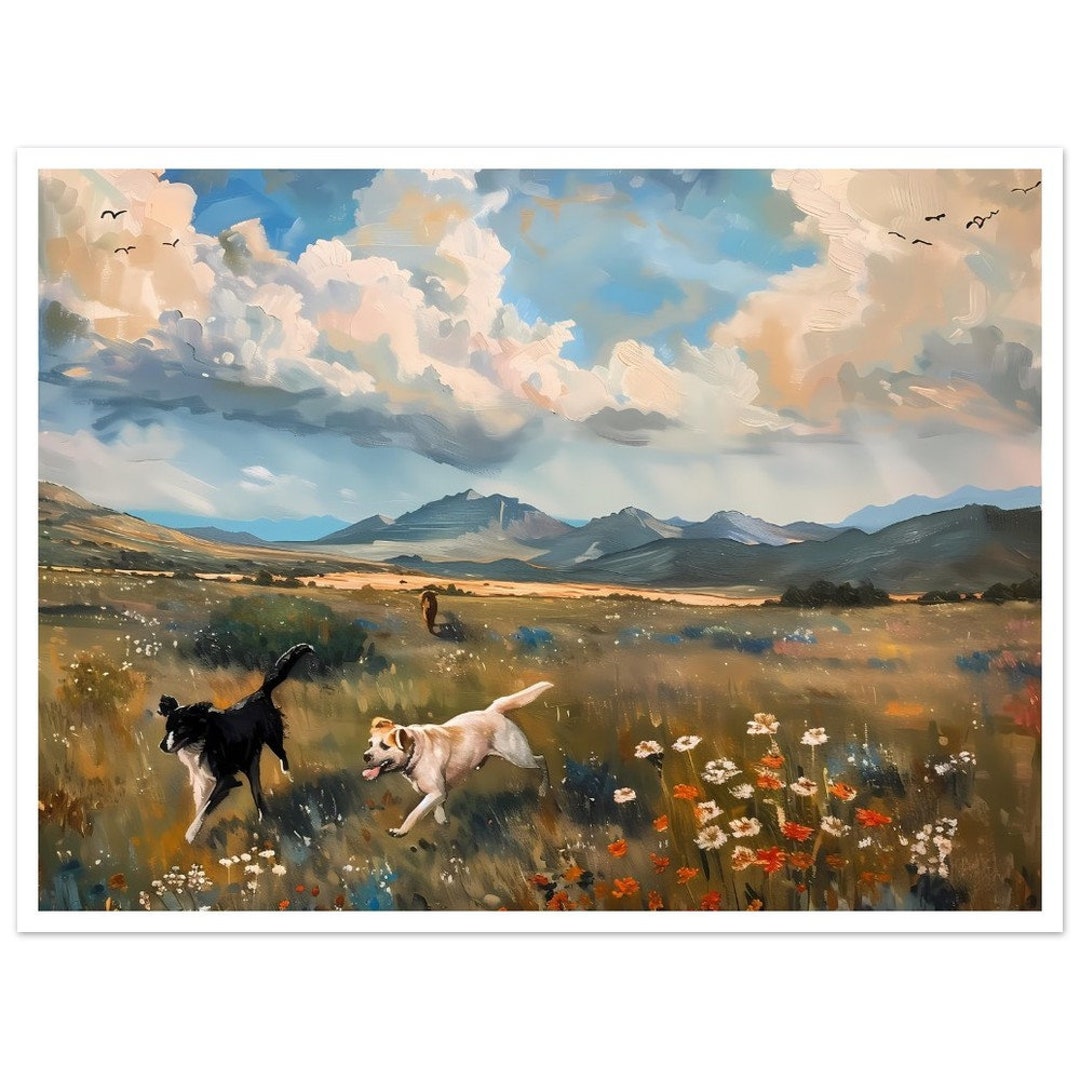 Printed and Shipped | Running Dogs in Spring Flowers | Vintage Dog ...