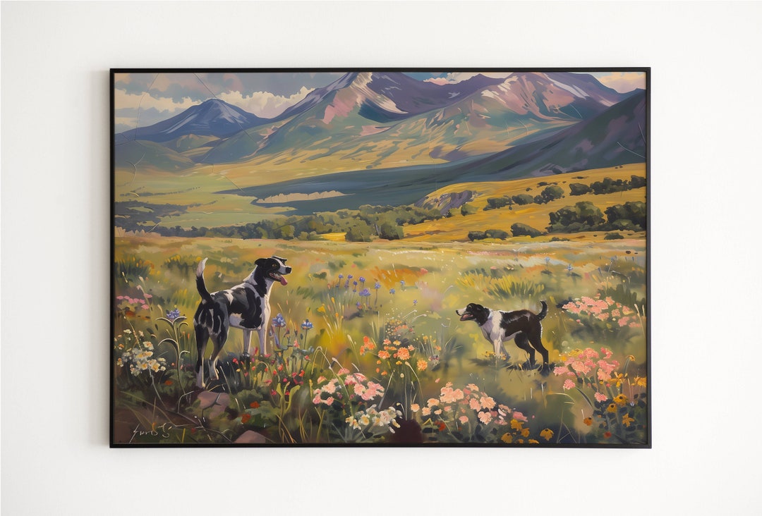Happy Dogs in Spring Field | Vintage Dog Painting | Rustic Cottage ...