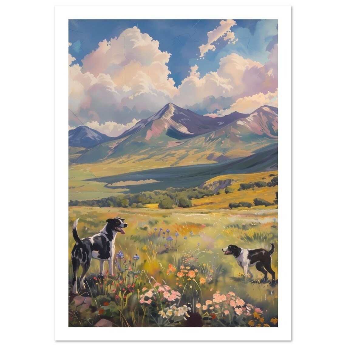 Printed and Shipped | Happy Dogs in Spring Field | Vintage Dog Painting ...