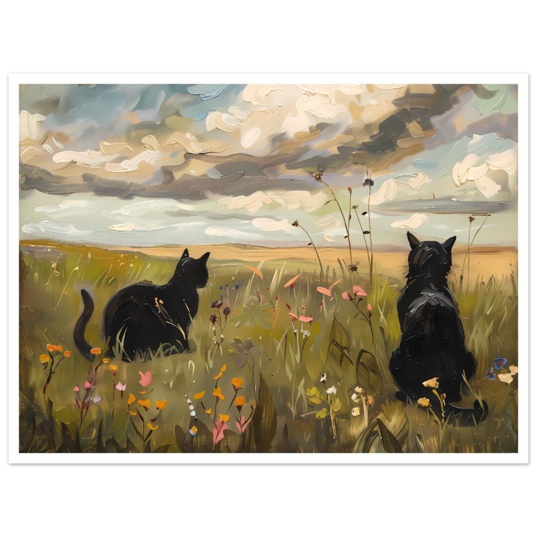 Printed and Shipped | Two Cats in Spring Wildflowers | Vintage Cat ...