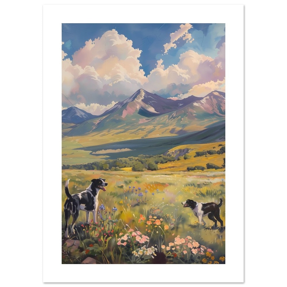 Printed and Shipped | Happy Dogs in Spring Field | Vintage Dog Painting ...