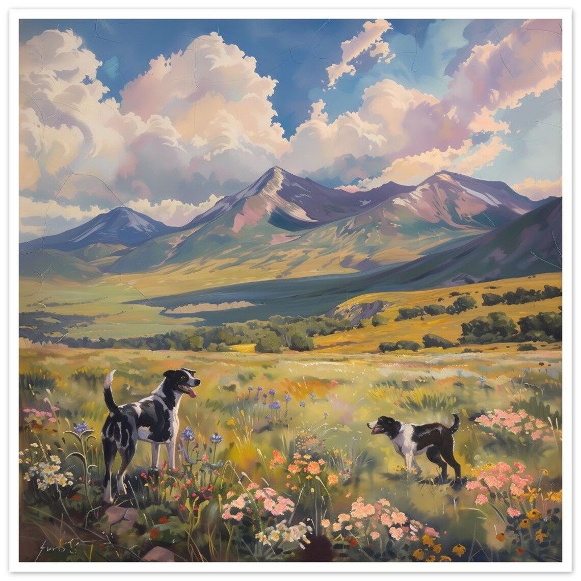 Printed and Shipped | Happy Dogs in Spring Field | Vintage Dog Painting ...