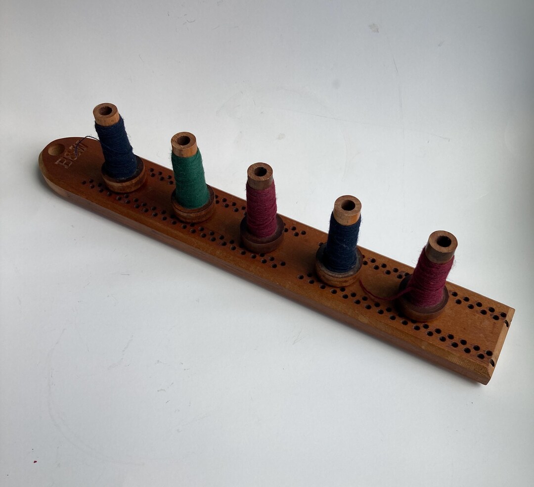 Five Antique Wooden Thread Bobbin Spools With Wooden Storage Rack, B ...