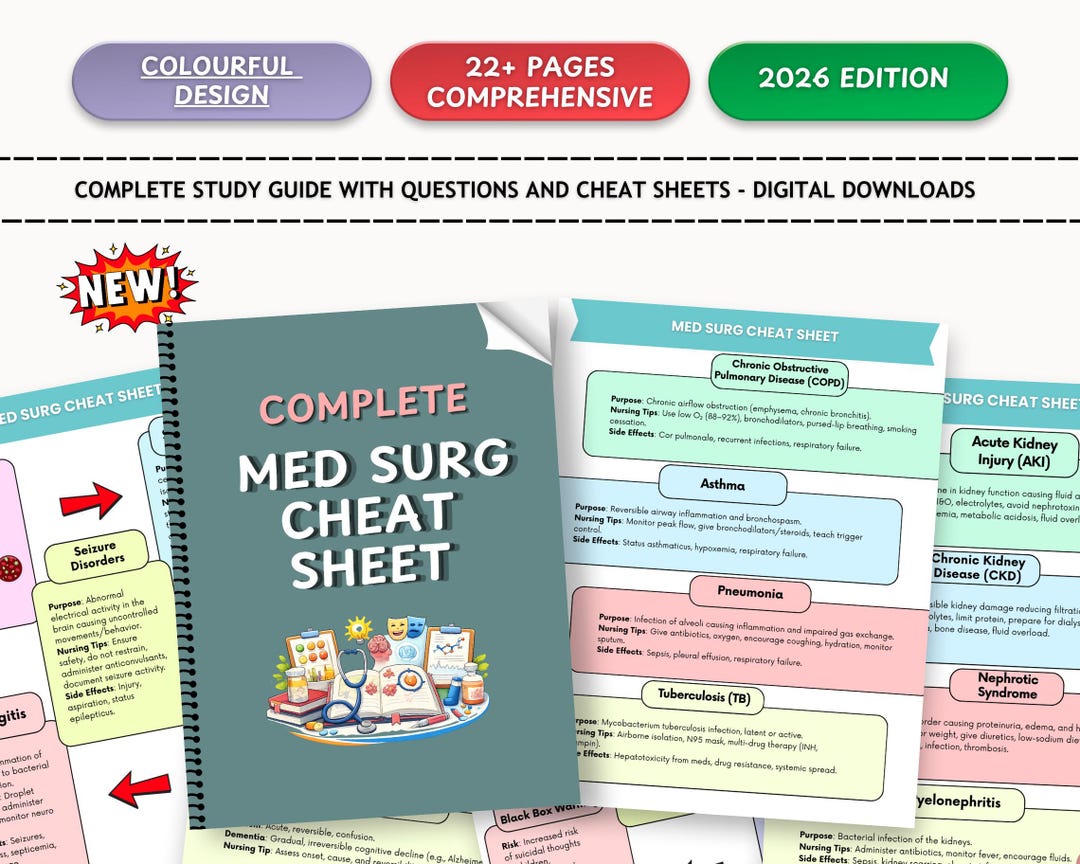 Med Surg Cheat Sheet – Nursing Study Guide, Quick Reference (PDF) - Etsy