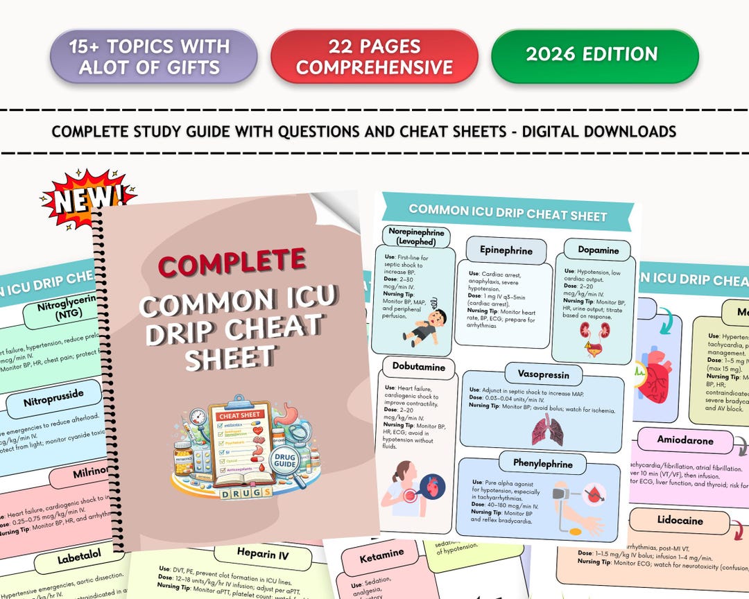 Common ICU Drips Cheat Sheet, 50+ Important Iv Drips, Critical Care ...