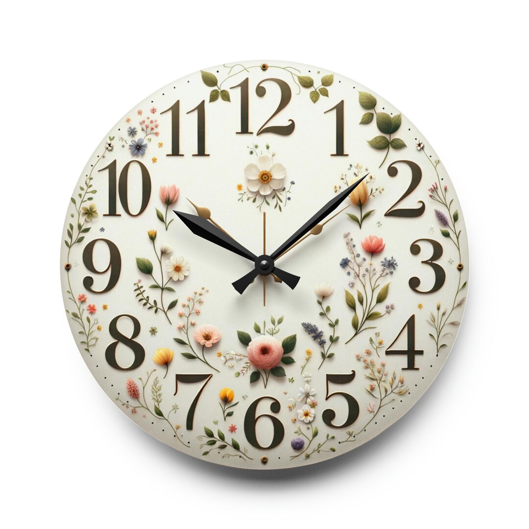 Unique Wall Clock: Botanical Circular Wall Clock With Floral and Vine ...