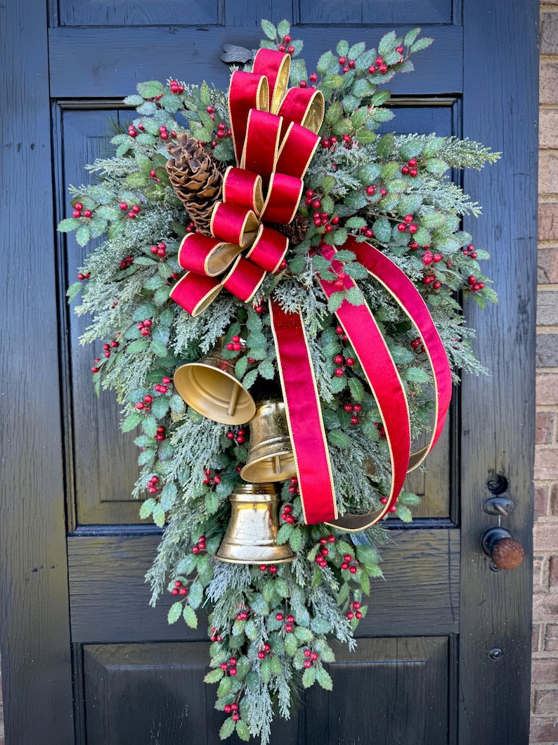 Christmas Holly Swag Wreath With Red Velvet Bow, Gold Bells, and ...